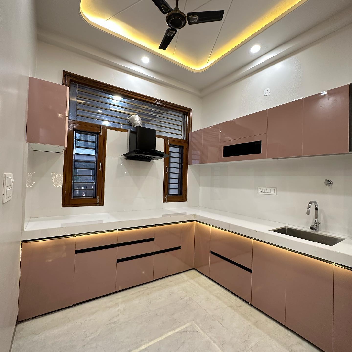 Glossy and Lined Simple False Ceiling Design for Kitchen