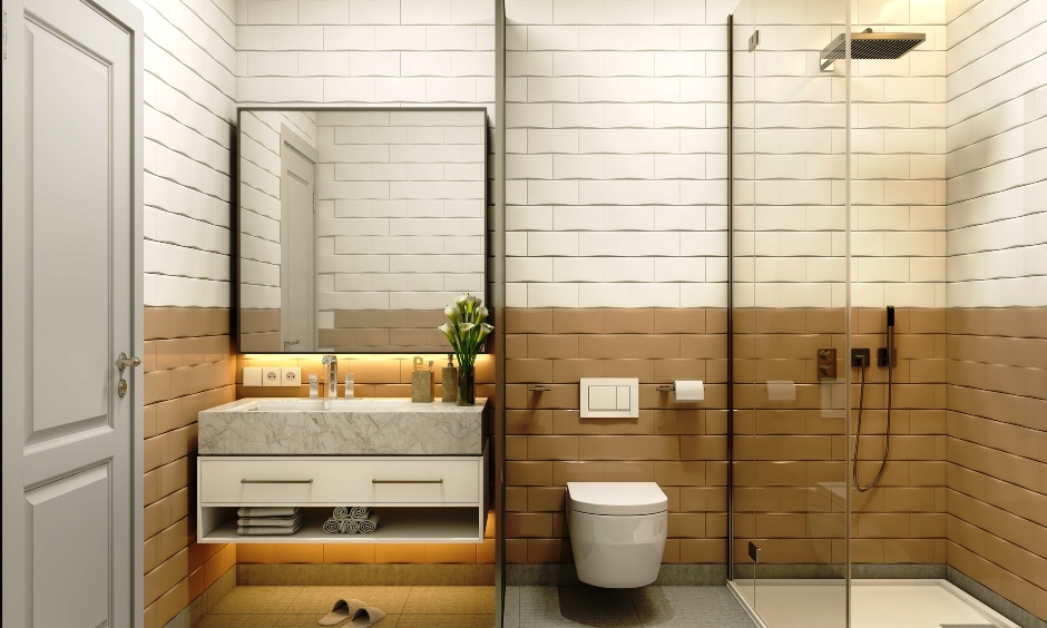 Modern bathroom with wall tiles and glass partition