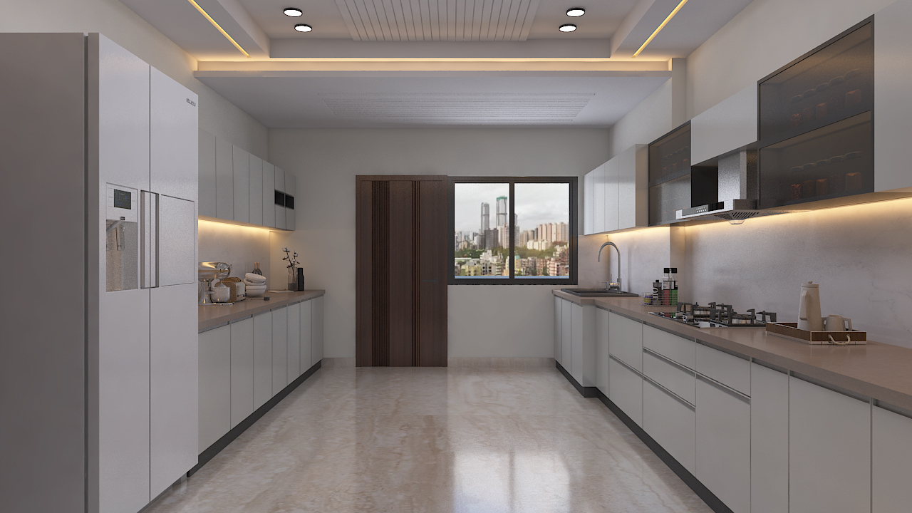 Cream White and Wide Parallel Kitchen Designs Delhi
