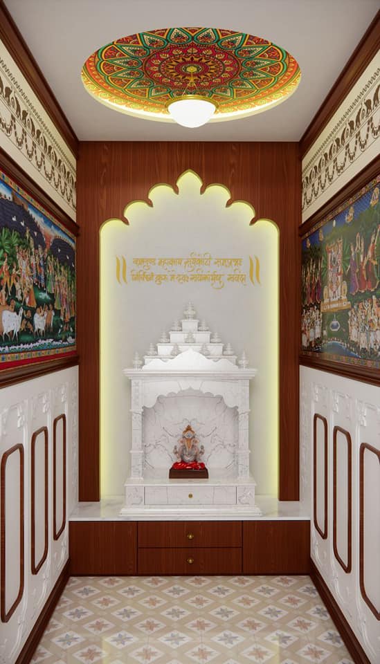 Multicolored Printed Traditional Pooja Room False Ceiling Design