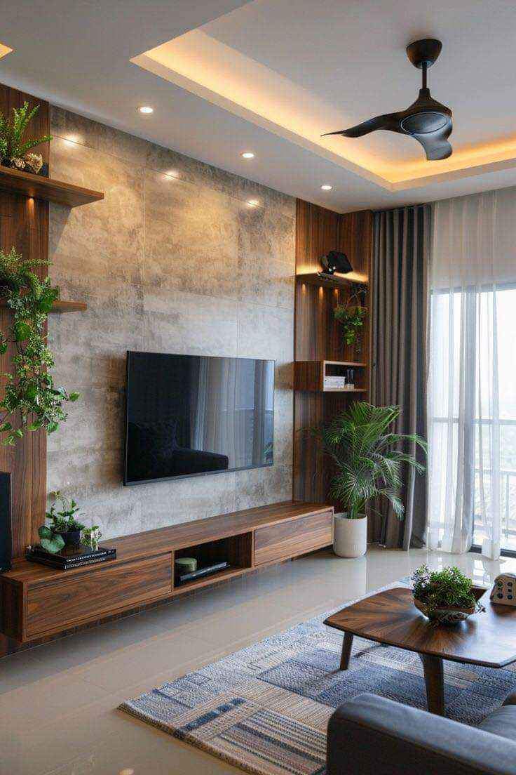 Simple TV Unit Interior Design with Wood and White Elegance
