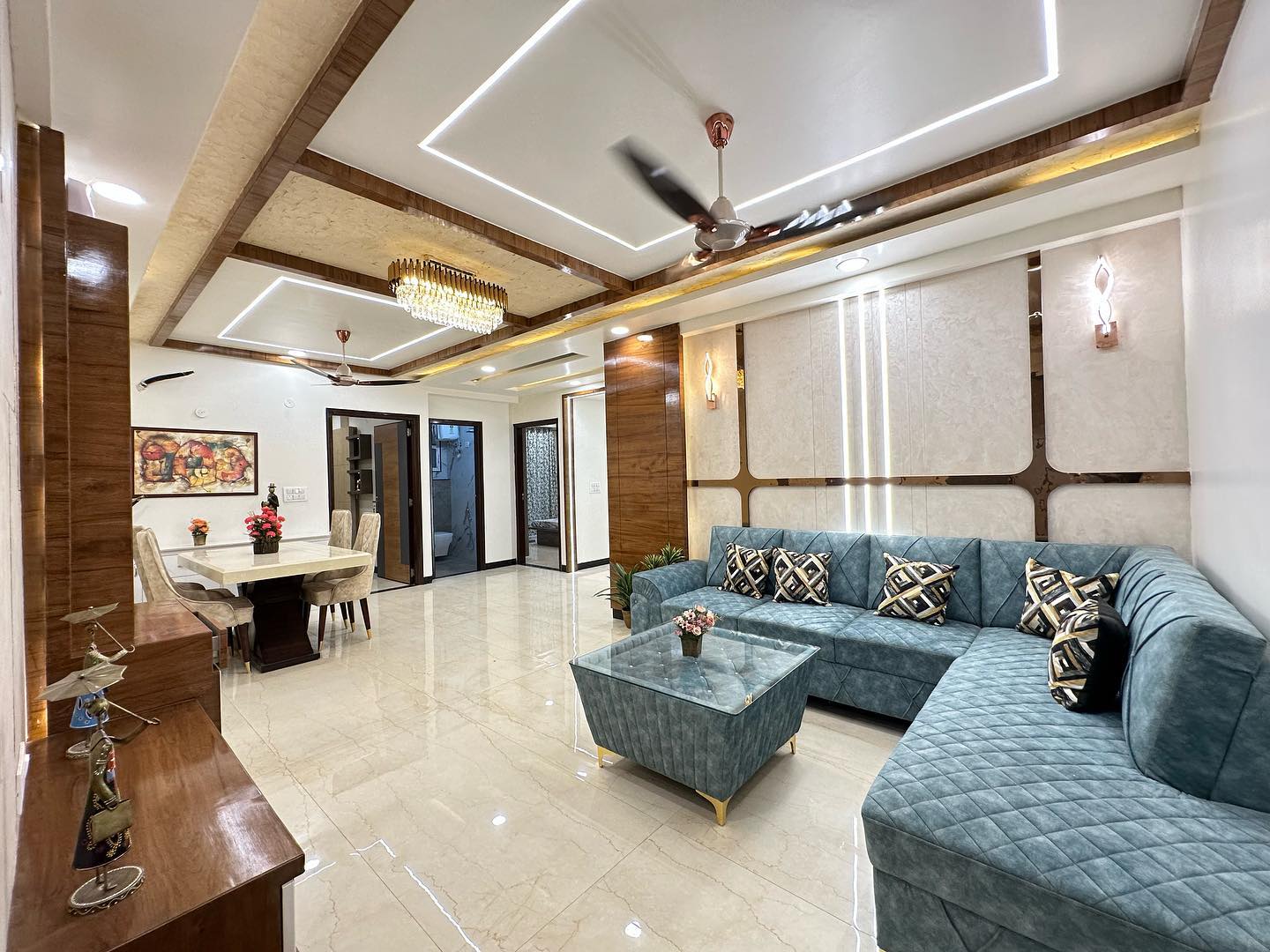 Glossy and Woody Simple False Ceiling Design For Dining Room