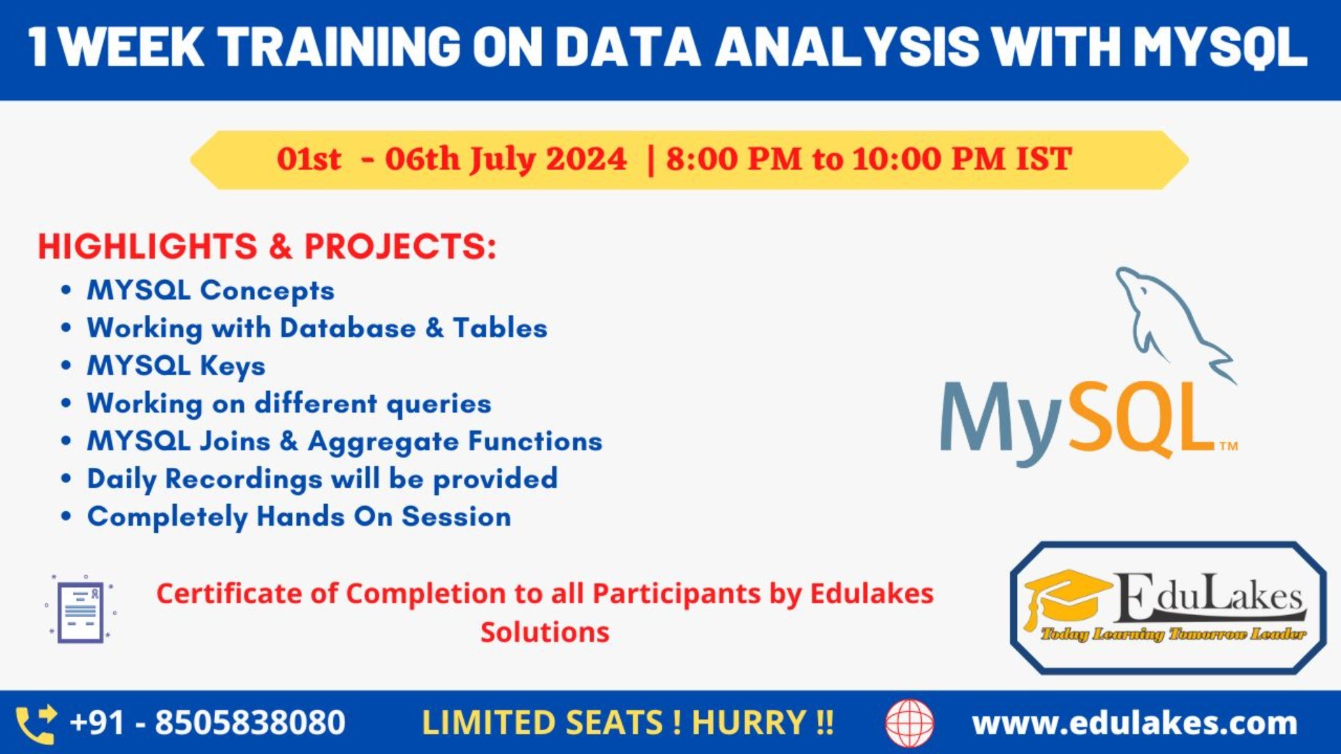 Live Online Industrial Training /Internship on Data Analysis With MYSQL Tickets by EduLakes ...
