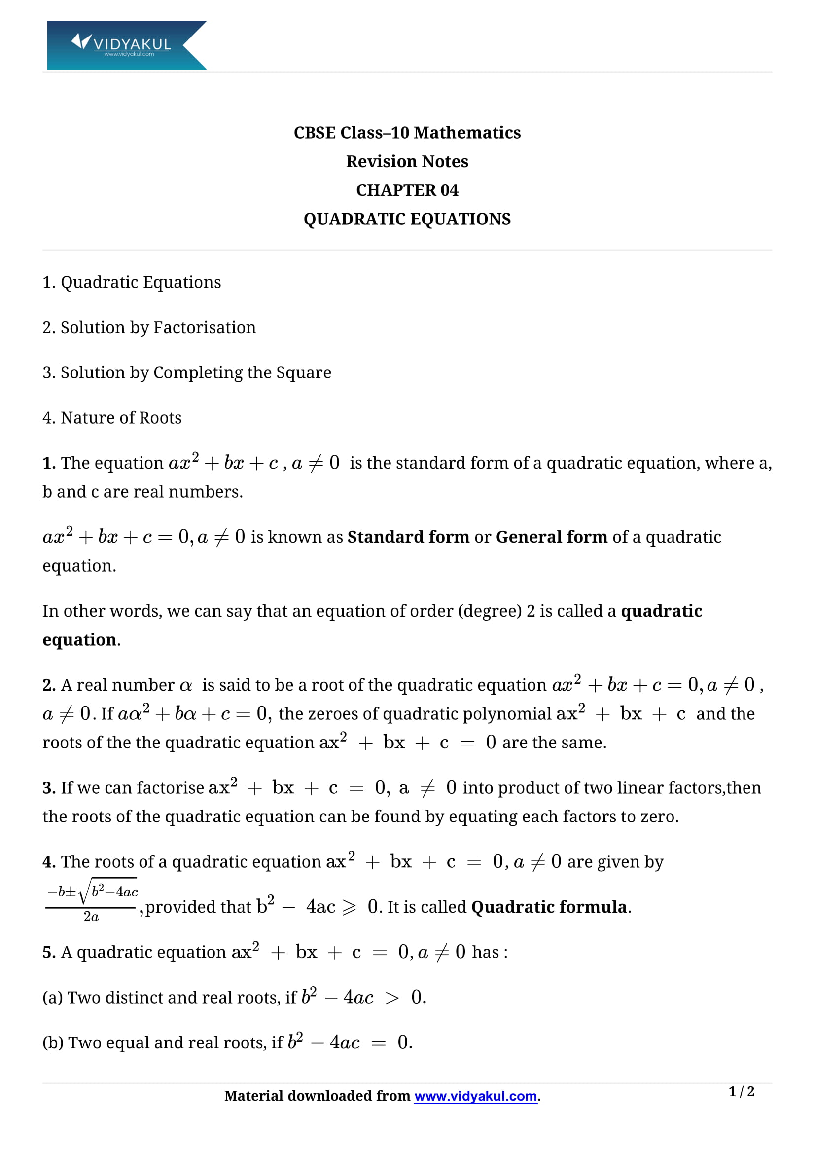 Quadratic Equations Class 10 Notes Vidyakul Quadratic Equations Class 10 Notes Vidyakul