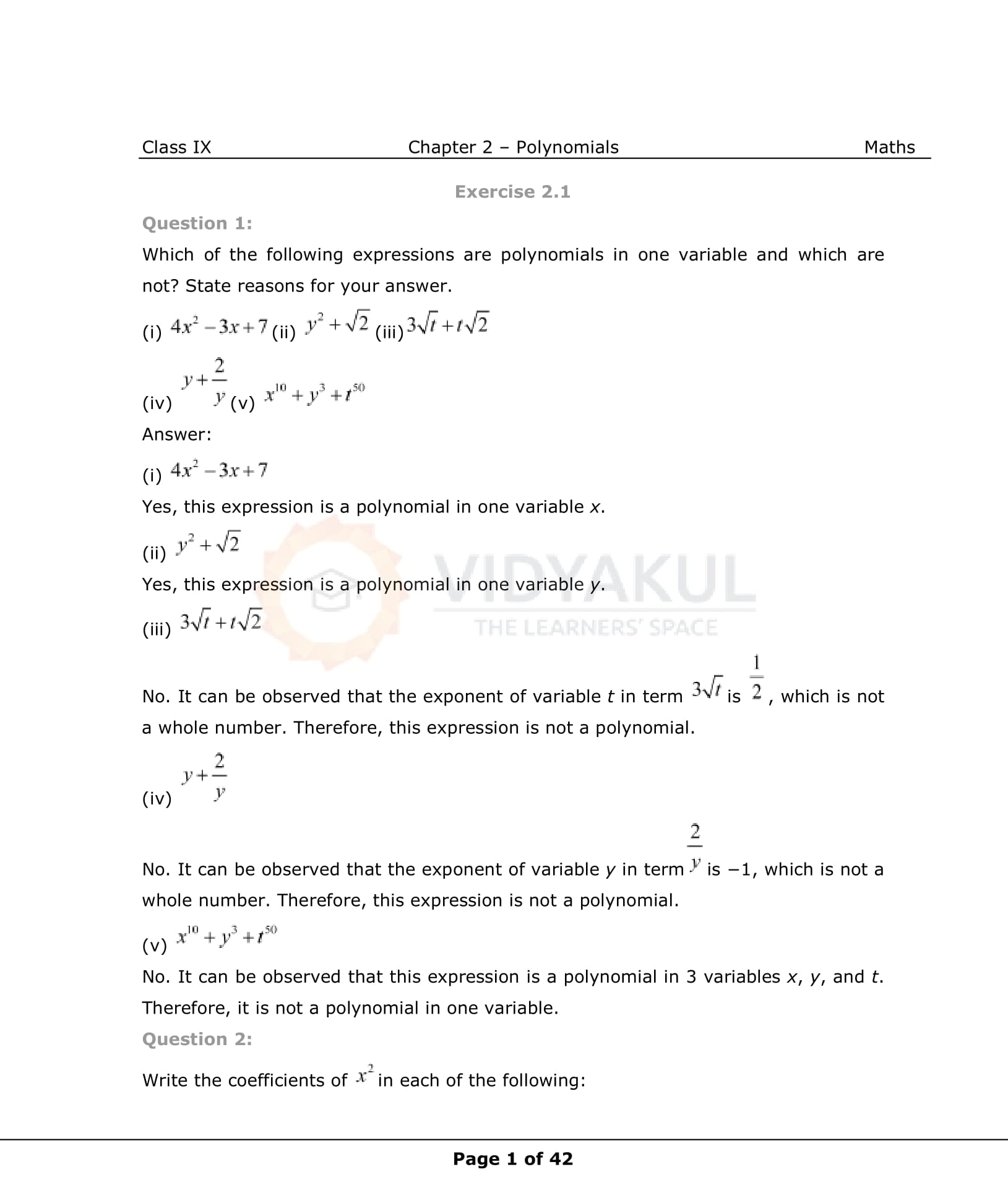 Class 9th Math Polynomials NCERT Solution CBSE 2023